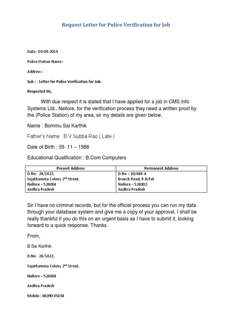 Request Letter for Police Verification for Job