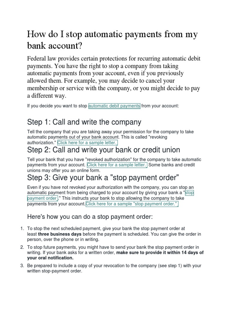 How Do I Stop Automatic Payments From My Bank Account | PDF | Payments ...