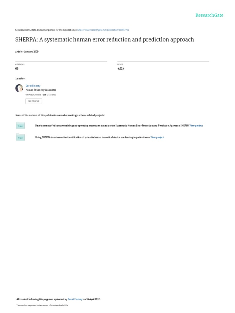 SHERPA: A Systematic Human Error Reduction and Prediction Approach | PDF