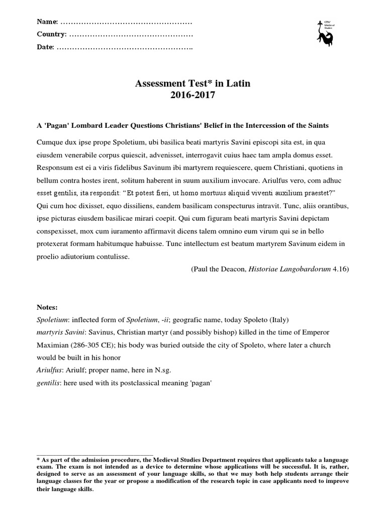 Assessment Test In Latin 2016 2017 Name Country Date Pdf