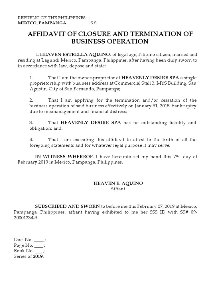 Affidavit of Closure and Termination of Business Operation | PDF