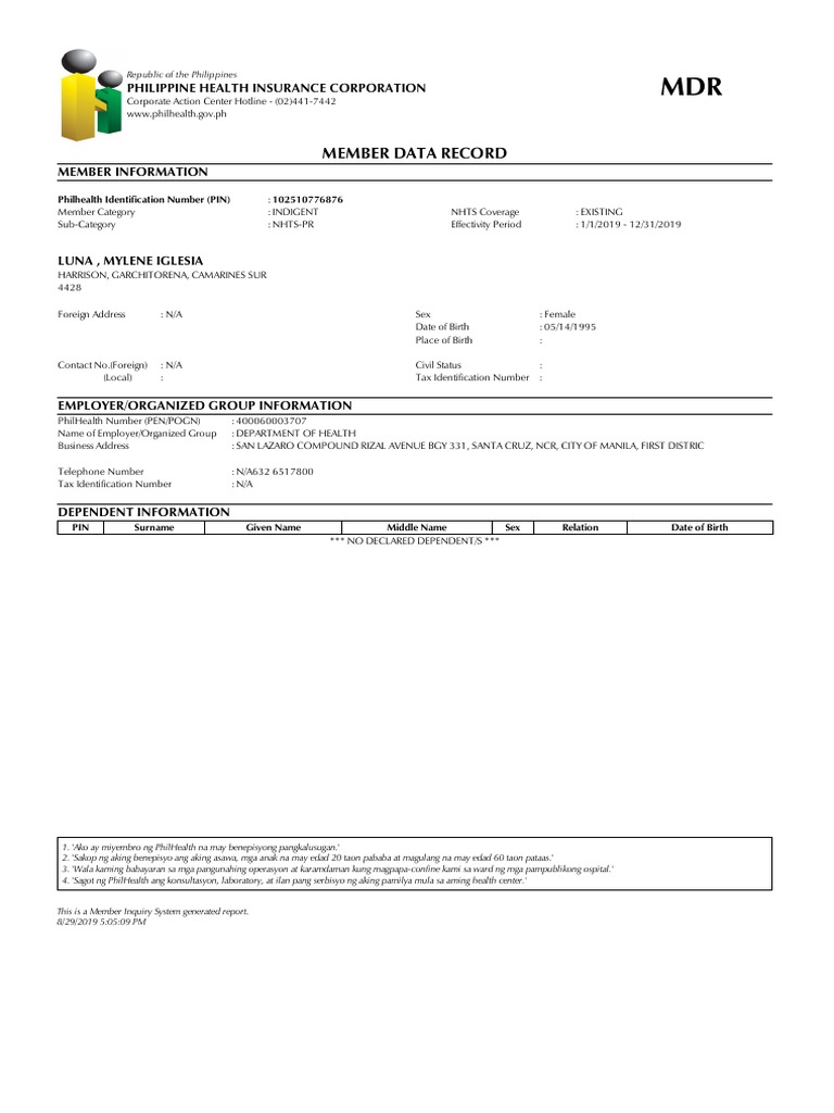 Member Data Record: Philippine Health Insurance Corporation | PDF ...