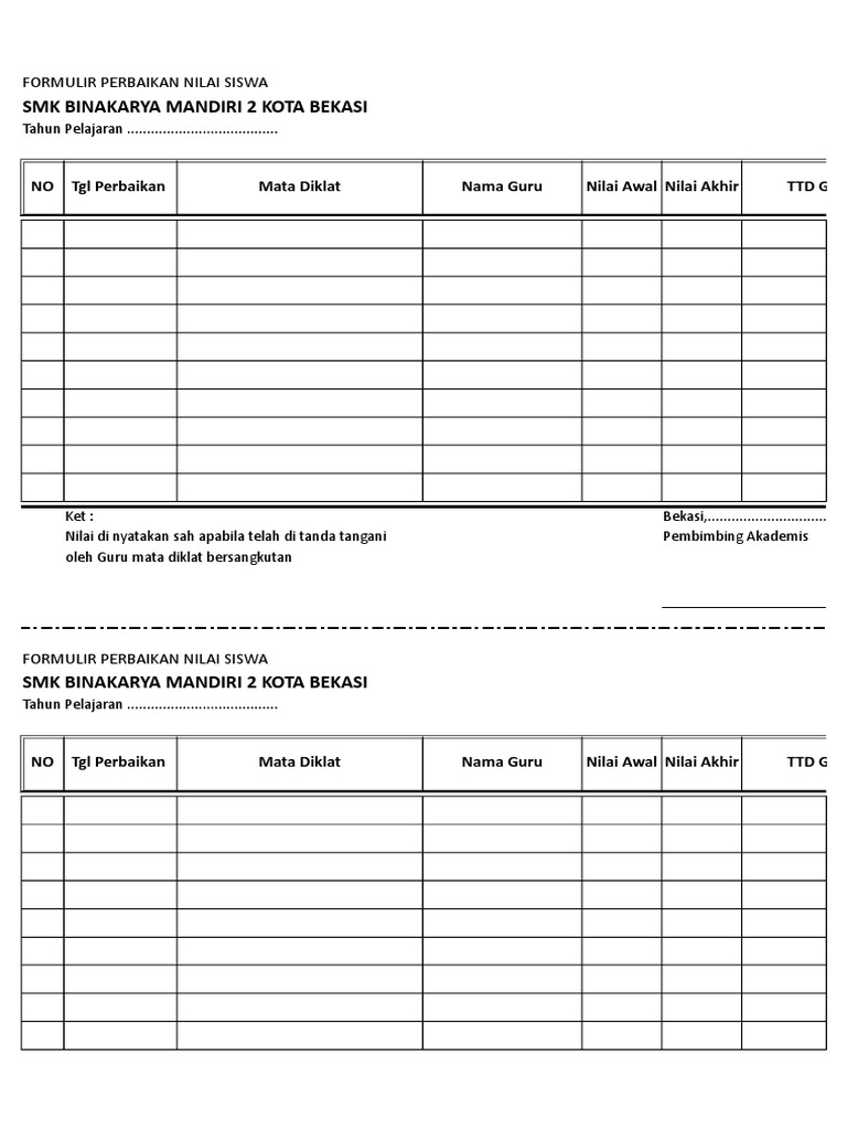 Formulir Perbaikan Nilai SMK Bekasi | PDF | Seni