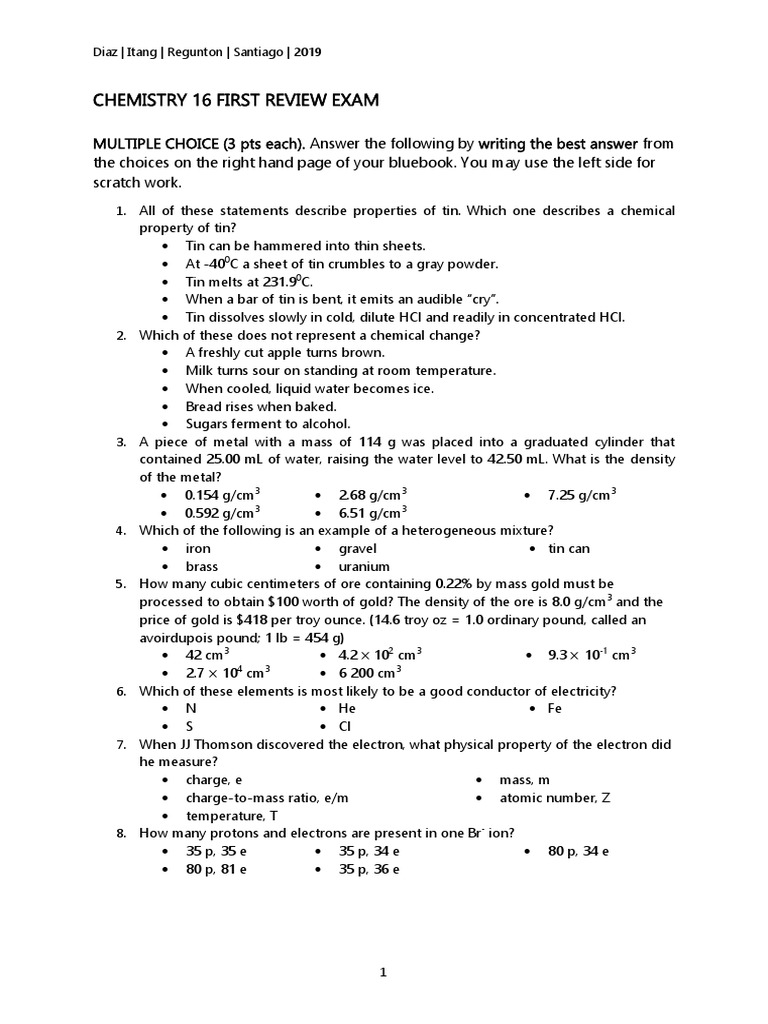 Chemistry 16 Review Exam Questions | PDF | Ion | Covalent Bond