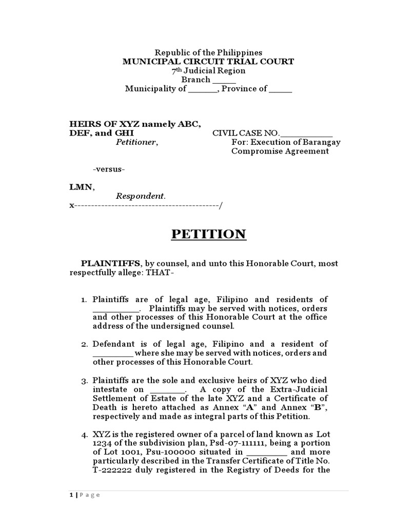 Petition For Execution of Barangay Amicable Settlement | PDF ...