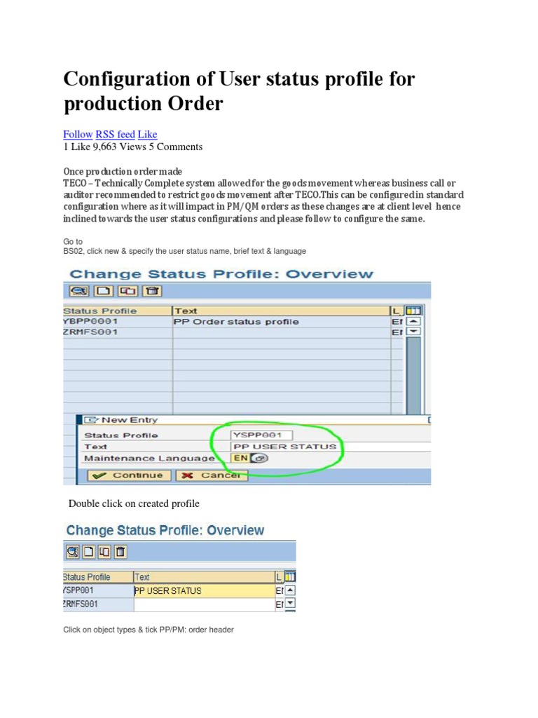 Configuration of User Status Profile For Production Order | PDF