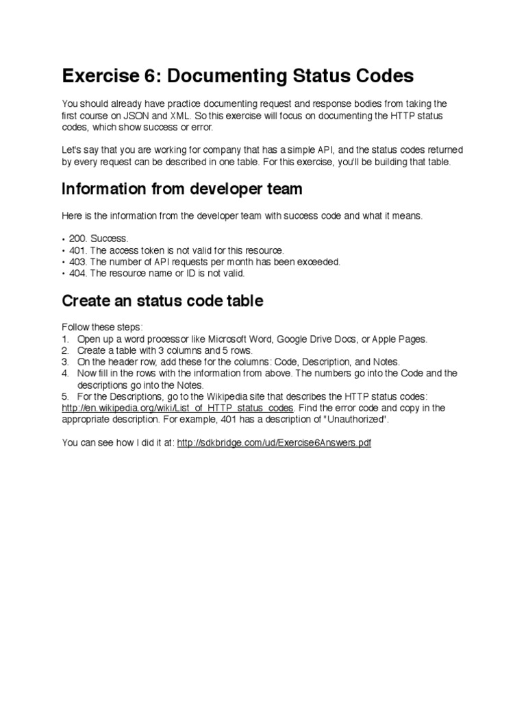 Exercise 6: Documenting Status Codes: Information From Developer Team | PDF