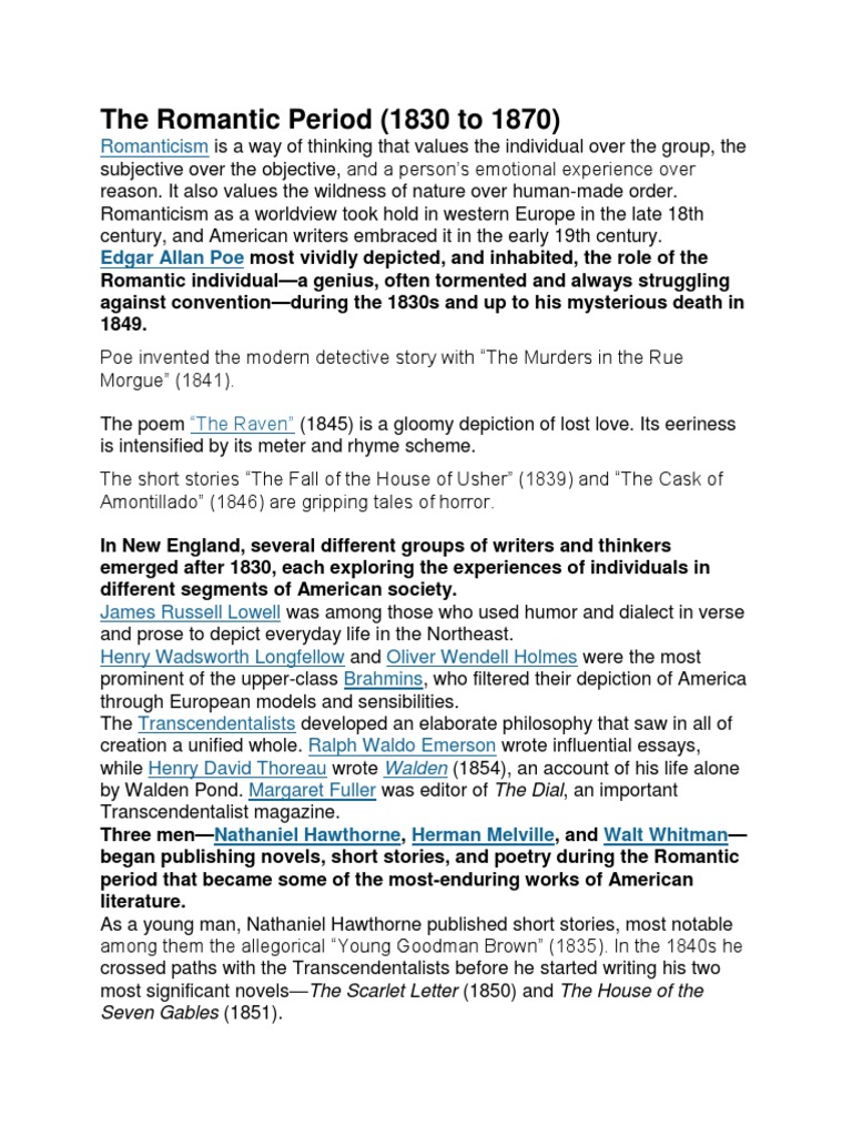 The Romantic Period (1830 To 1870) : Romanticism | PDF | Nathaniel ...