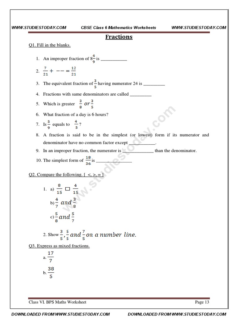 Fractions: CBSE Class 6 Mathematics Worksheets | Fraction (Mathematics ...