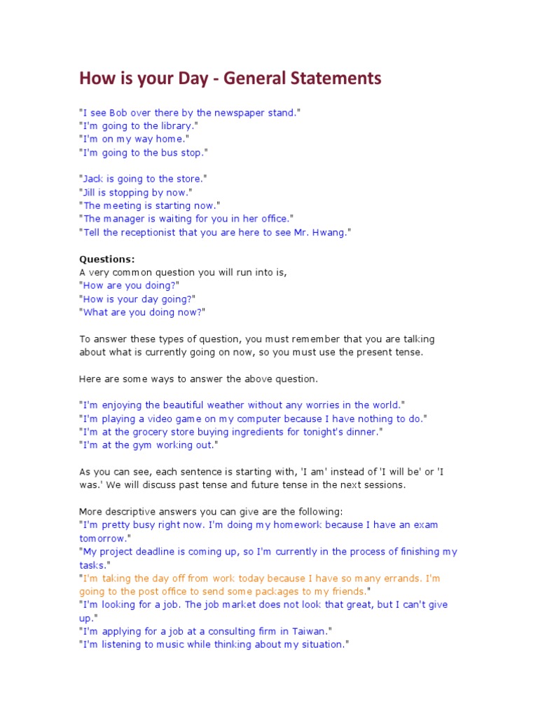 How Is Your Day - General Statements: Questions | PDF