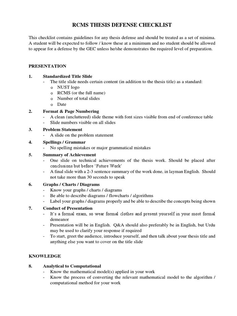 Rcms Thesis Defense Checklist: Presentation 1. Standardized Title Slide ...