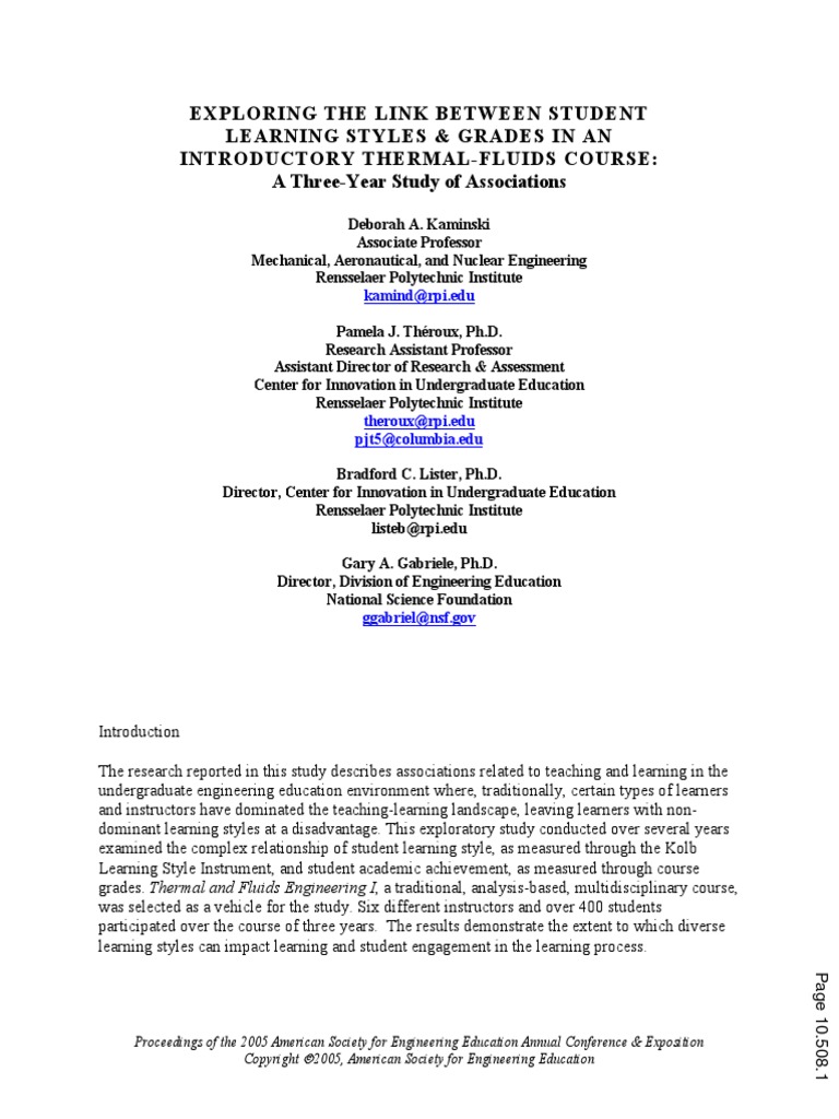 Effect of Learning Style On Academic Performance in An Introductory Thermal Fluids Course | PDF ...