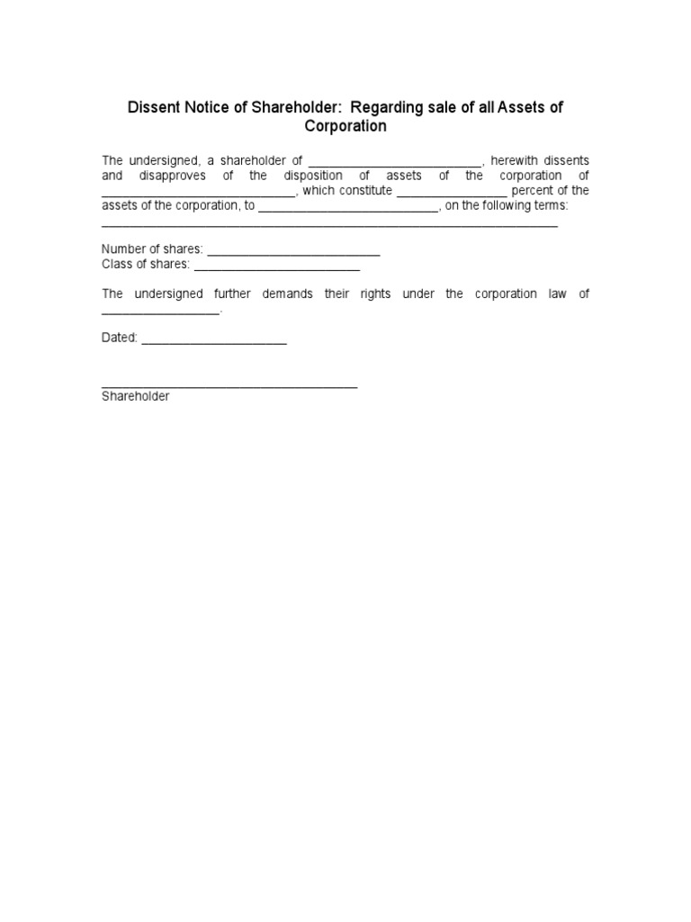 Dissent Notice of Shareholder Regarding Sale of All Assets o | PDF ...
