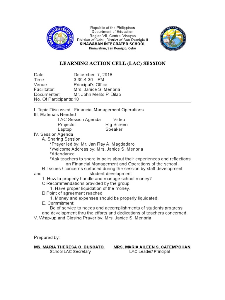 Learning Action Cell (Lac) Session: Kinawahan Integrated School | PDF