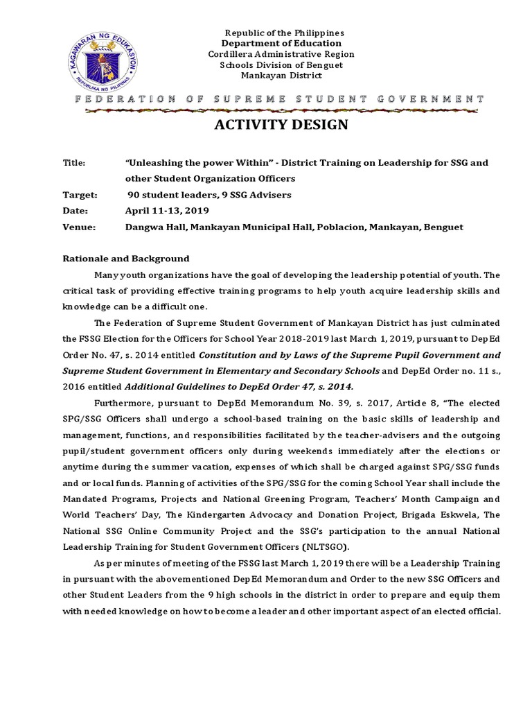 Activity Design SSG 2019 | PDF | Leadership | Meal