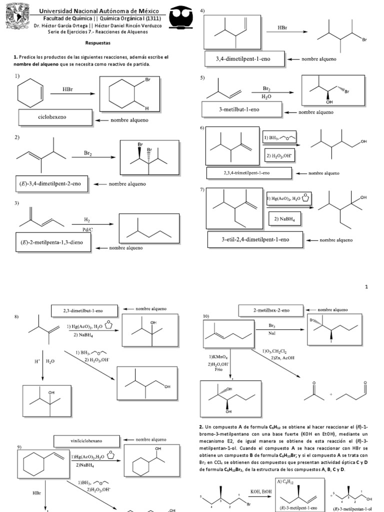 Serie de Ejercicios 7 Reacciones de Alquenos Respuestas | PDF | Ciencia y matemáticas