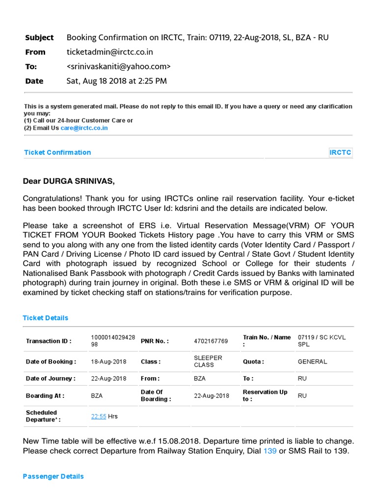 Subject From To: Date: Irctc Ticket Confirmation | PDF | Identity ...