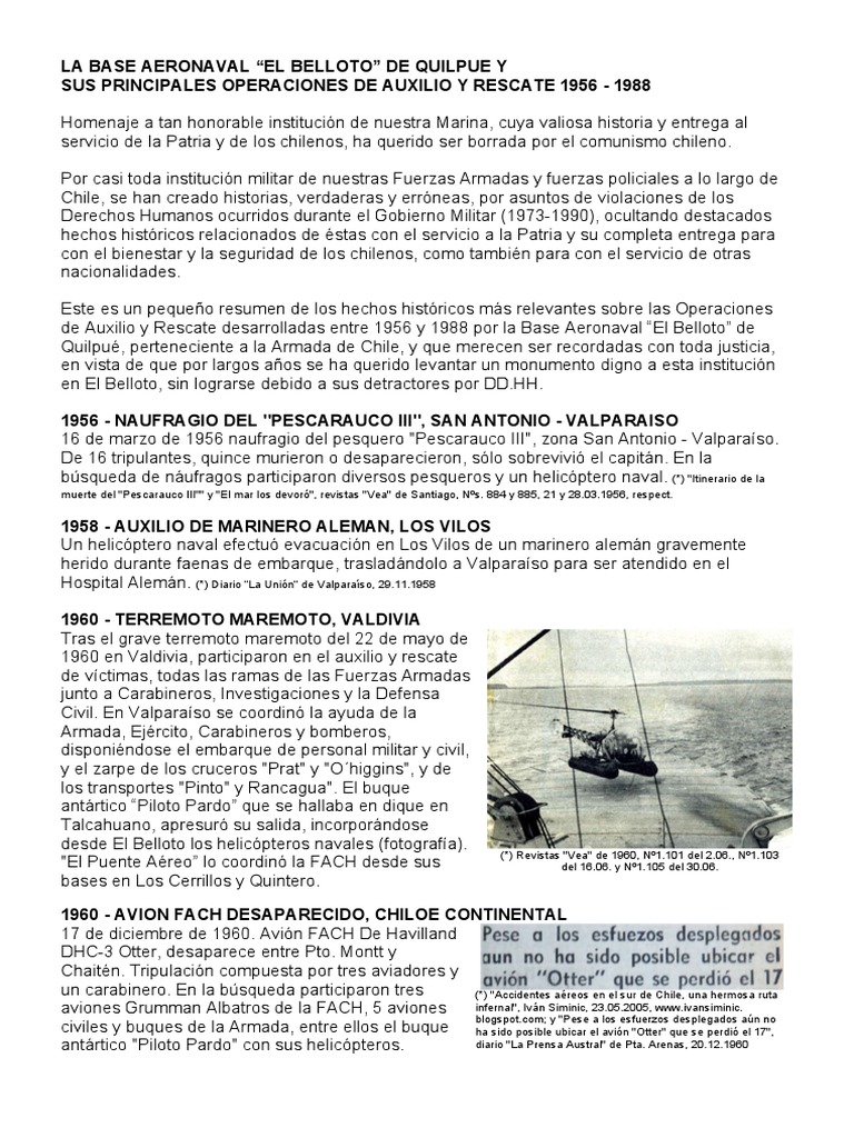 Chile, "La Base Aeronaval "El Belloto" y Sus Principales Operaciones de Auxilio y Rescate 1956 ...