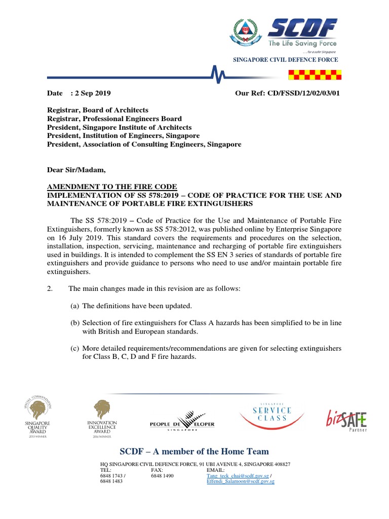 Circular - Amendment To Fire Code - Implementation of Ss 578 - 2019 - Code of Practice For The ...