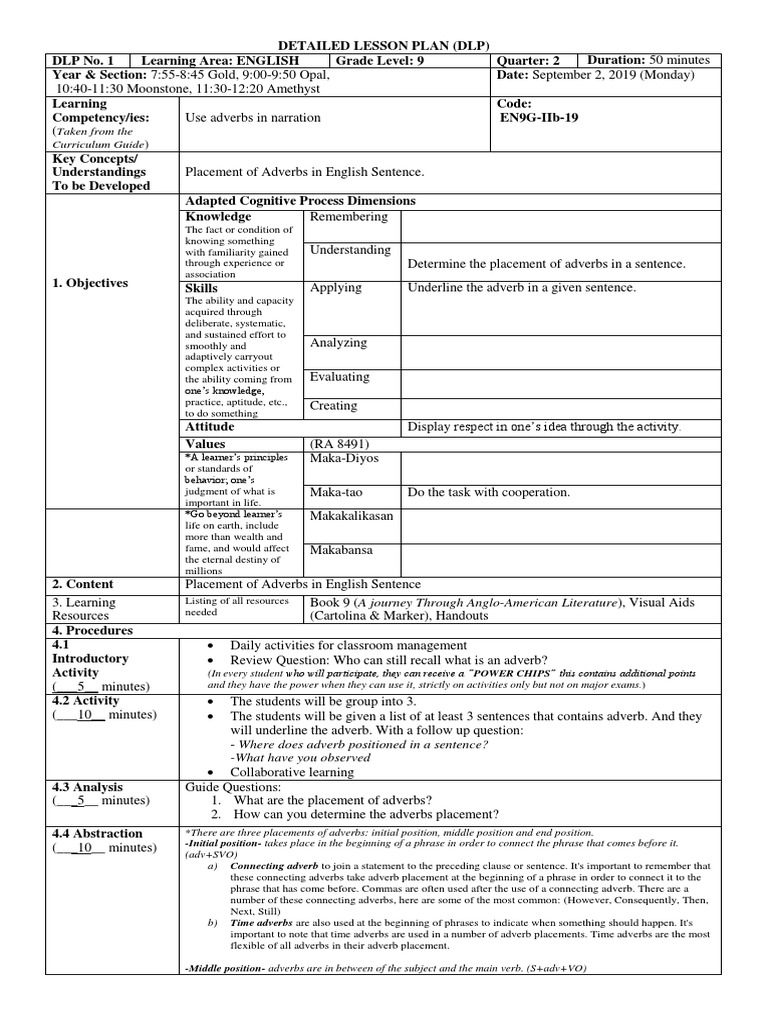 Adverb Placement Lesson Plan for Grade 9 | PDF | Adverb | Sentence ...