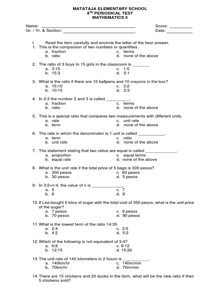 Matataja Elementary School 4 Periodical Test Mathematics 5 | Download ...