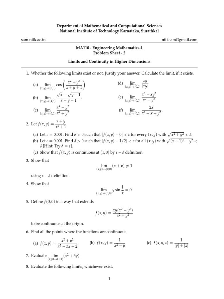 PS-2-Limits and Continuity in Higher Dimensions | PDF | Functions And Mappings | Calculus