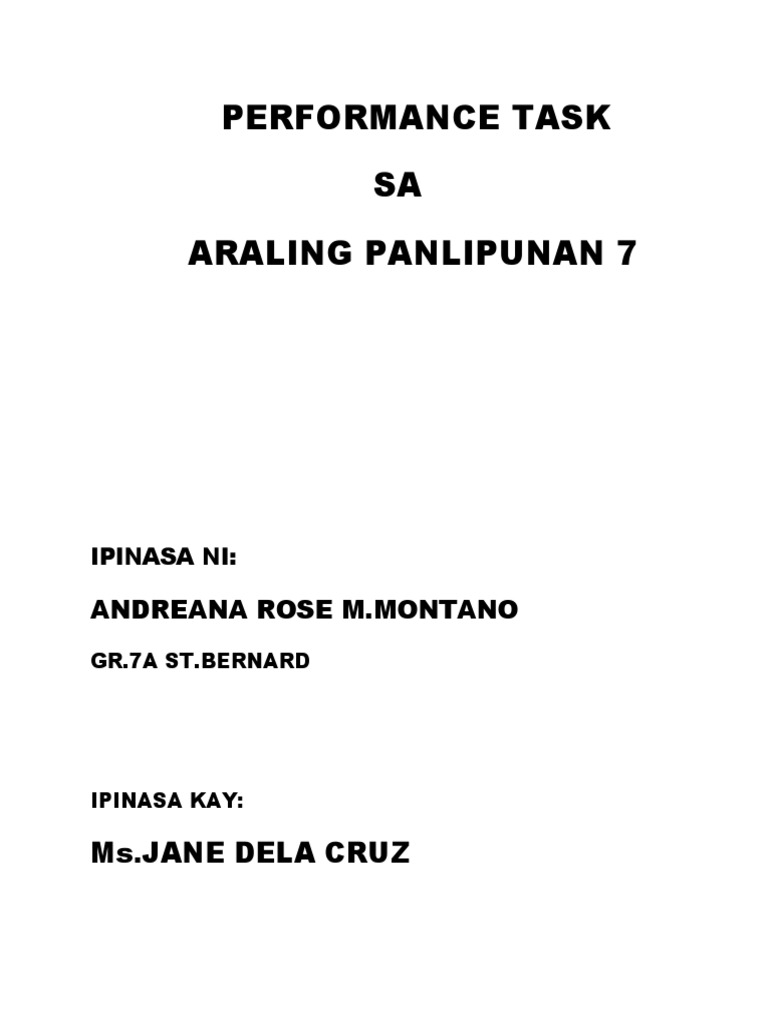 Performance Task SA Araling Panlipunan 7: Ms - Jane Dela Cruz | PDF