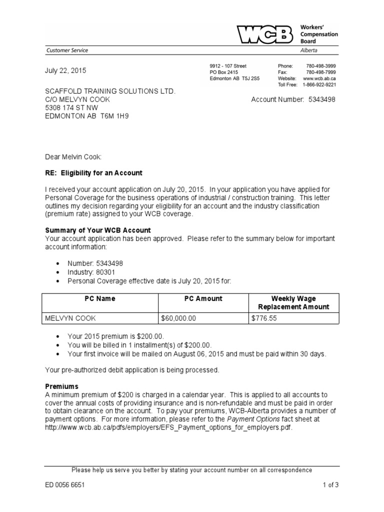 WCB Account Approval and Coverage Details | PDF | Workers' Compensation ...