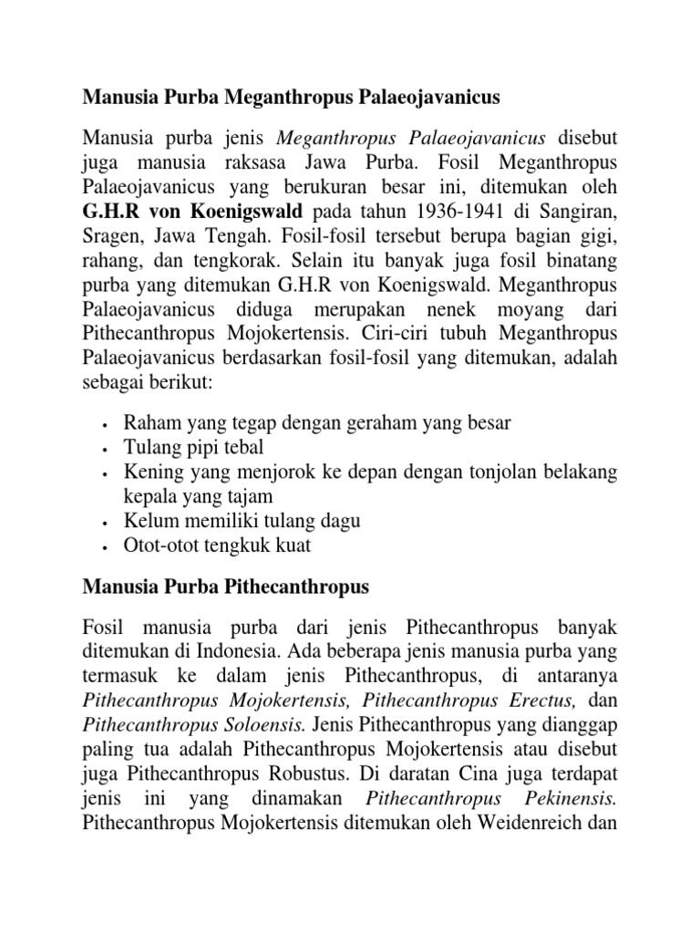Manusia Purba Meganthropus Palaeojavanicus | PDF