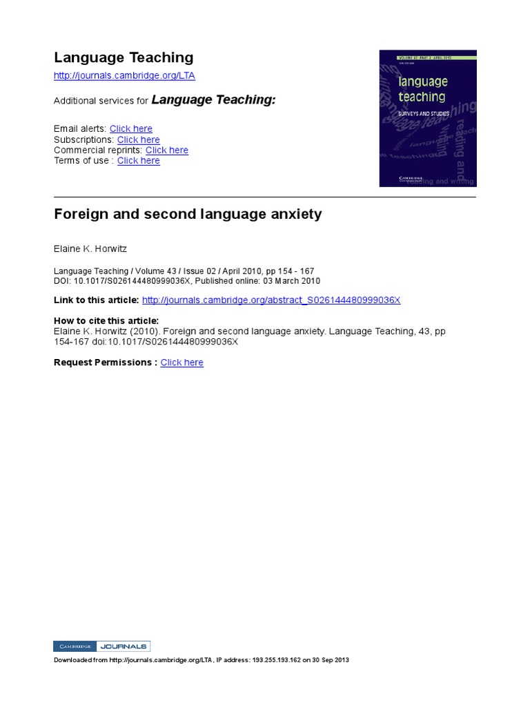 Horwitz Foreign Language Anxiety Scale | PDF | Second Language | Second ...