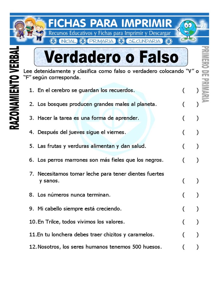 Ficha de Verdadero o Falso para Primero de Primaria | PDF | Juegos y ...