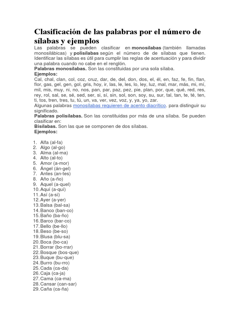 Clasificación de Las Palabras Por El Número de Sílabas y Ejemplos | PDF ...