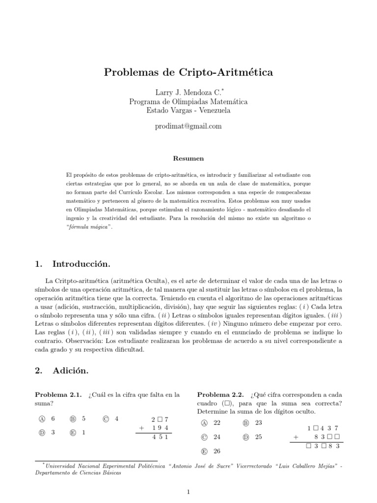 Guía #1. Problemas de Cripto-Aritmética (Marzo) PDF | PDF | Aritmética | Sustracción