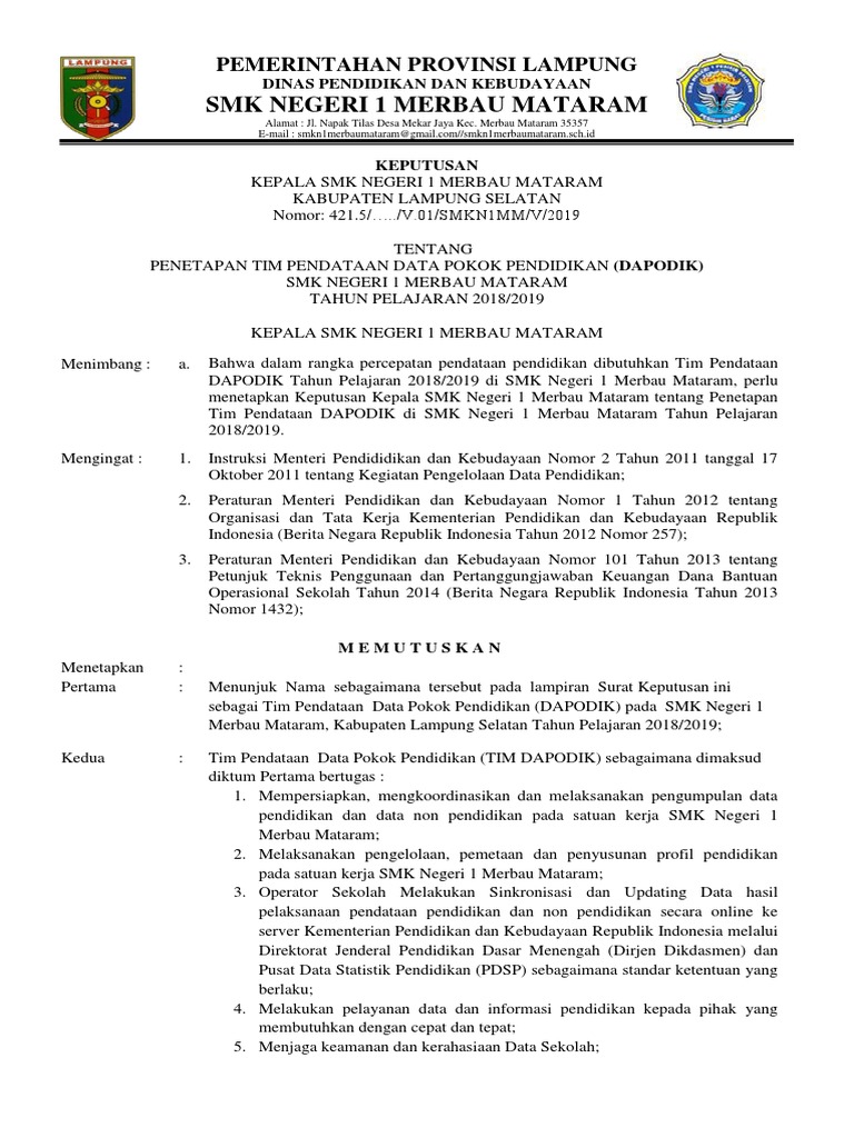 Contoh SK TEAM PENDATAAN SMK | PDF