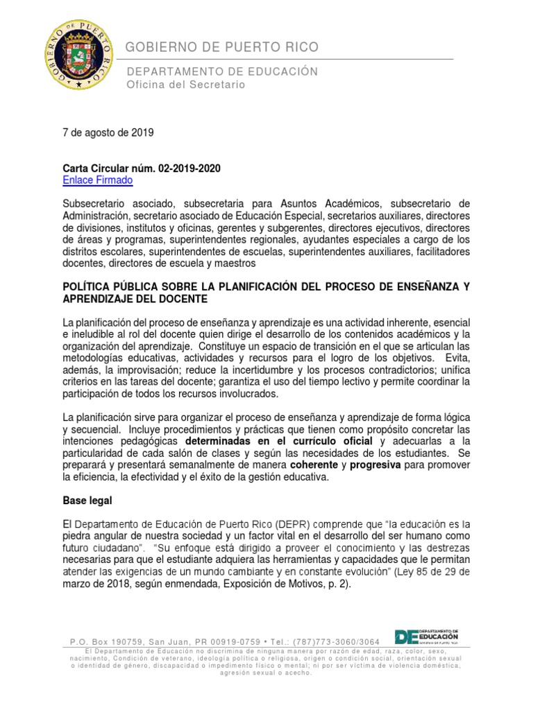 Carta Circular Planificacion 2019-2020 | PDF | Instrucción diferenciada ...