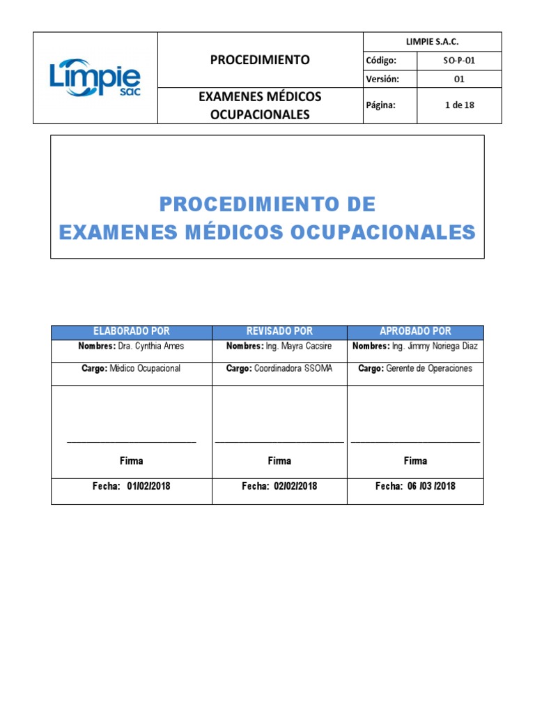 Procedimiento De Exámenes Médicos Ocupacionales Pdf Historial
