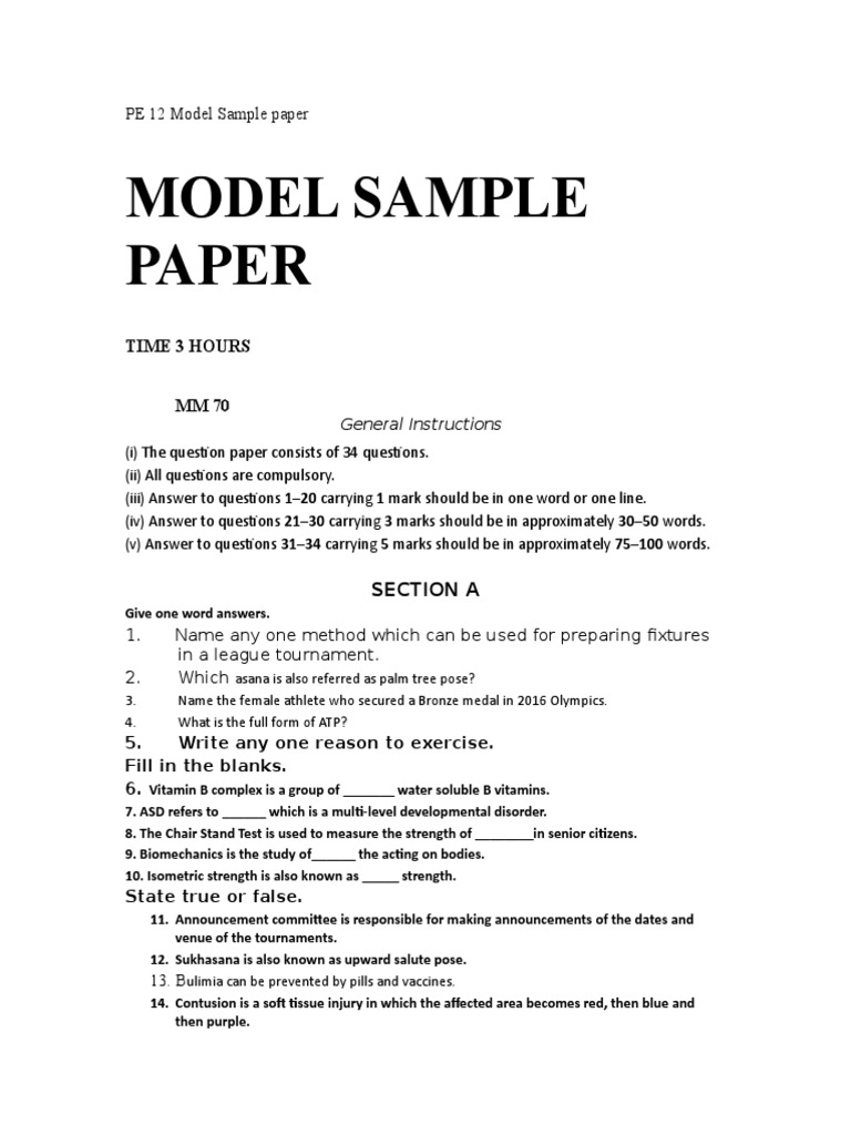 PE 12 Model Sample Paper | PDF | Diseases And Disorders | Medical ...