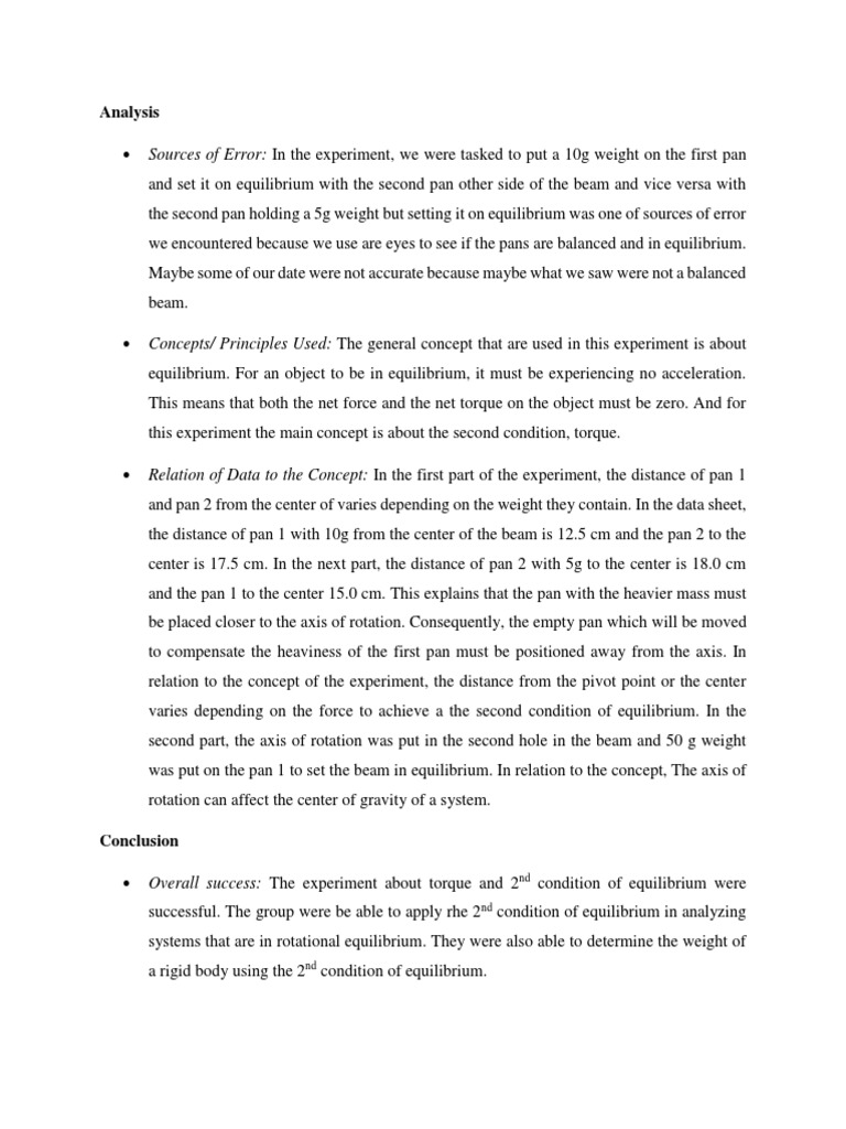 Analysis of Torque and Equilibrium Experiment | PDF | Rotation Around A Fixed Axis | Torque