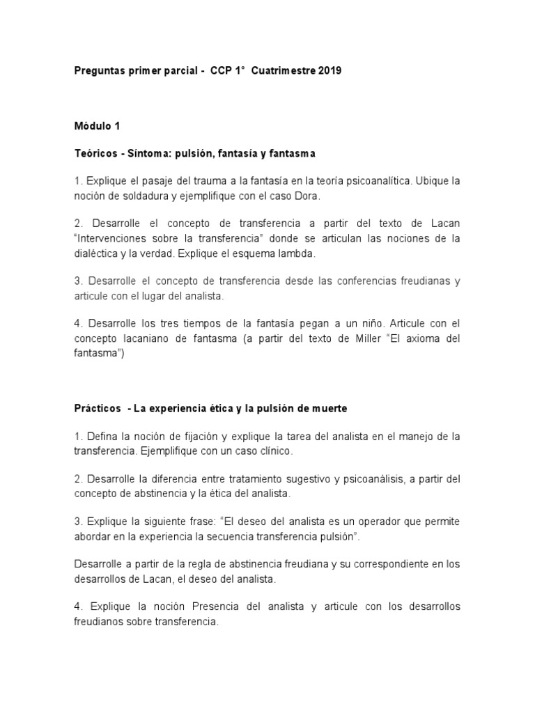 Preguntas Primer Parcial - CCP 1° Cuatrimestre 2019 | PDF | Jacques Lacan | Psicoanálisis