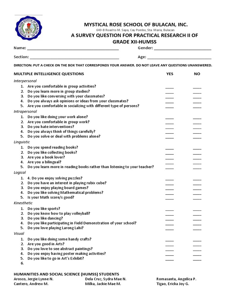 Mystical Rose School of Bulacan, Inc. A Survey Question For Practical ...