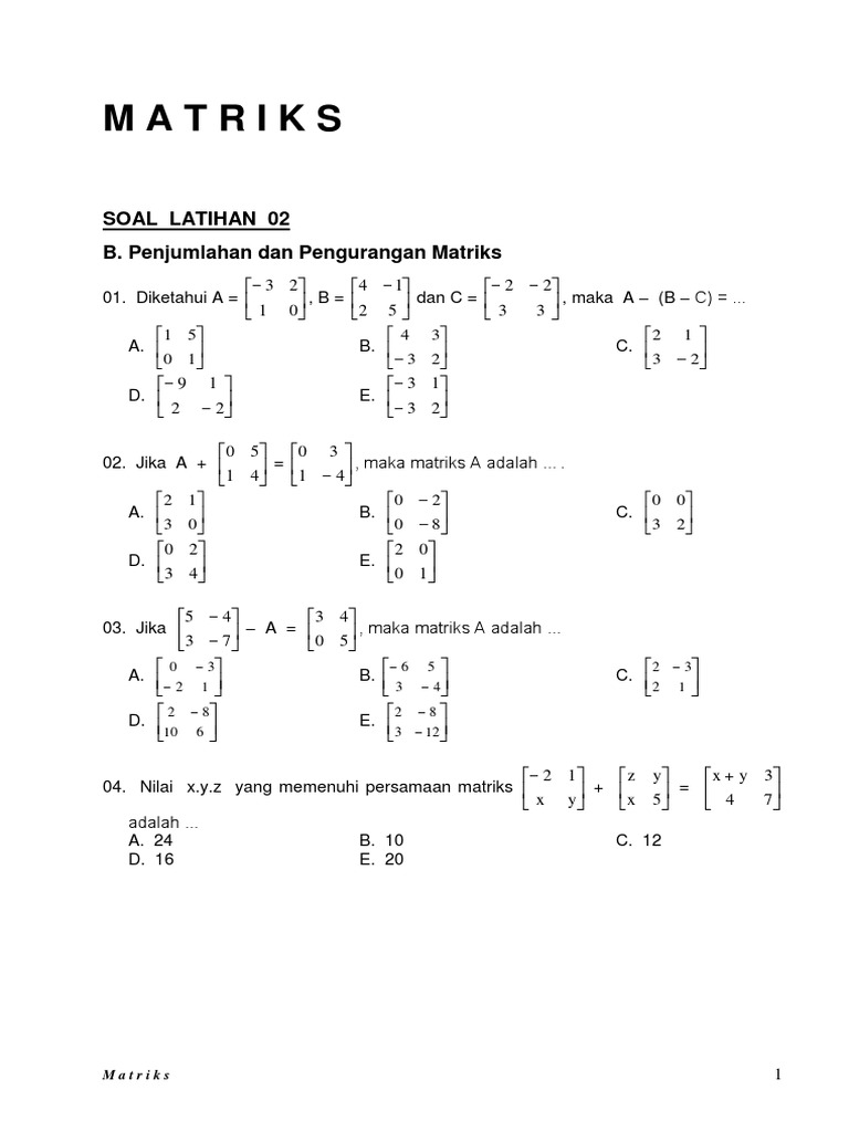 04-Latihan 03-Penjumlahan Dan Pengurangan Matriks PDF | PDF
