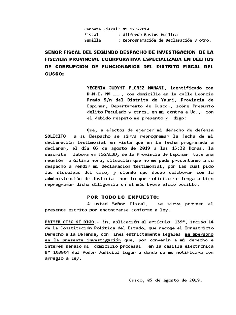 Escrito Solicita Reprogramacion de Declaracion | PDF