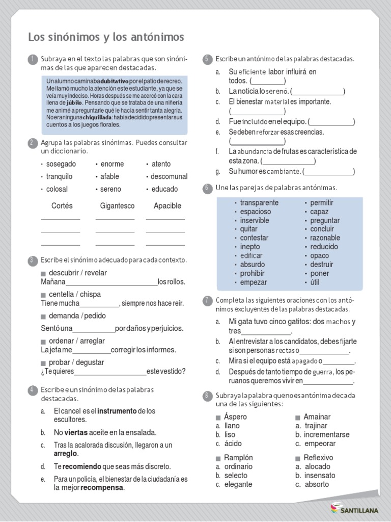 Taller Sinonimos y Antonimos | PDF