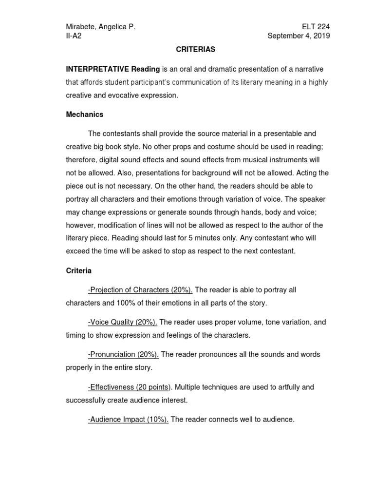 Criterias INTERPRETATIVE Reading Is An Oral and Dramatic Presentation ...
