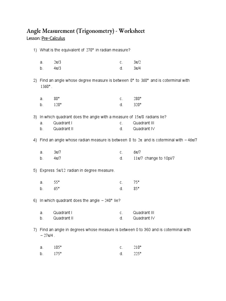 Angle Measurement Worksheet for Pre-Calculus | PDF | Teaching Methods ...