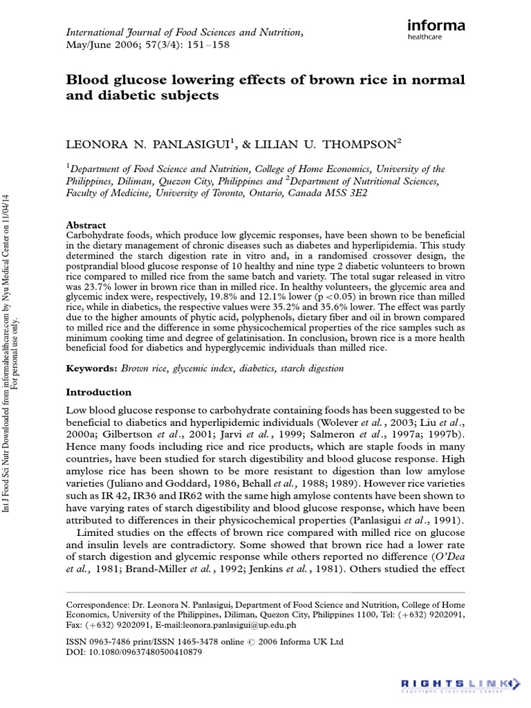 Blood Glucose Lowering Effects of Brown Rice in Normal and Diabetic ...