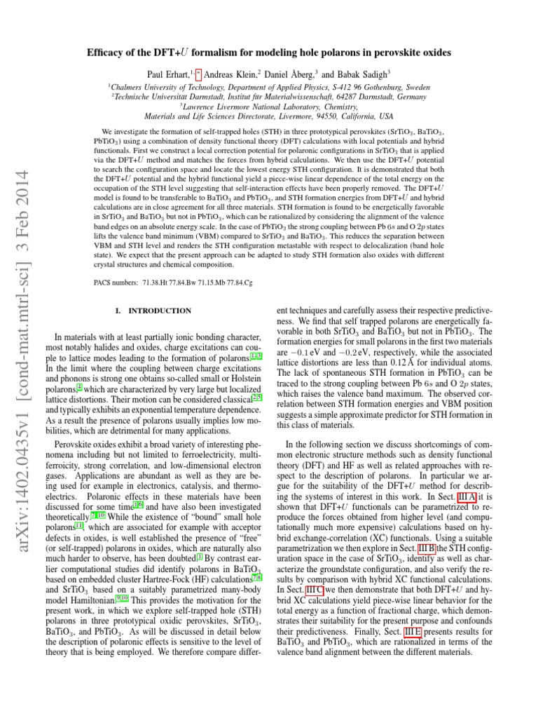 Efficacy of The DFT+U Formalism For Modeling Hole Polarons in ...