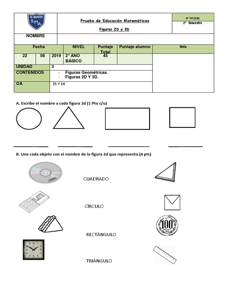 Prueba Figuras 2D y 3D Agosto | PDF | Rectángulo | Triángulo