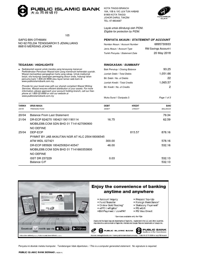 Penyata Akaun / Statement of Account: Layak Untuk Dilindungi Oleh PIDM | PDF