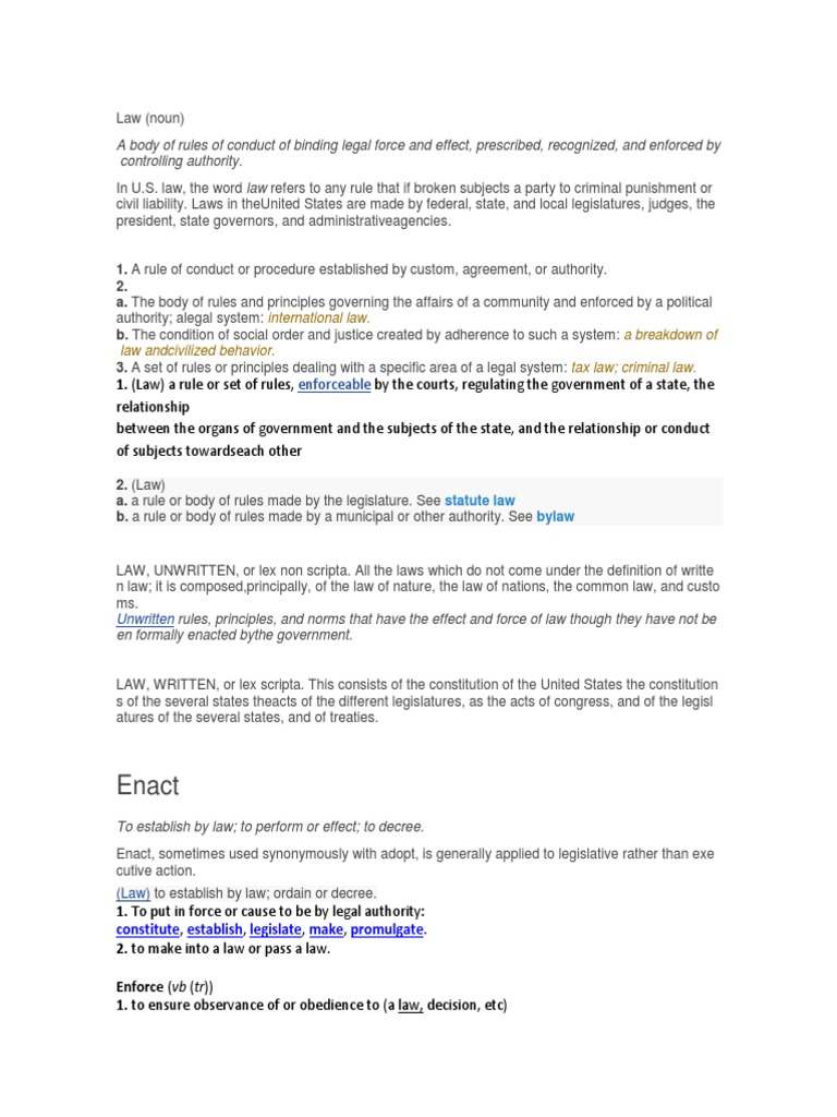 Enact: 1. (Law) A Rule or Set of Rules | PDF | U.S. State | Federal ...